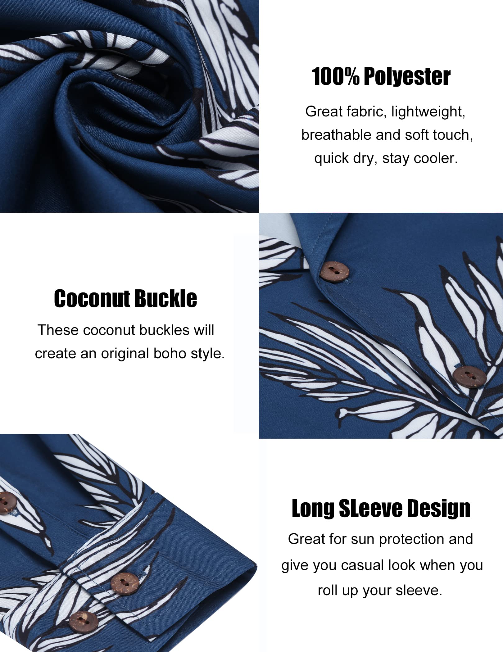 COOFANDY Long Sleeve Hawaiian Shirts for Men Palm Leaf Printed Button Down Shirts Cuban Collar Hawaiian Floral Shirt Palm Leaf L