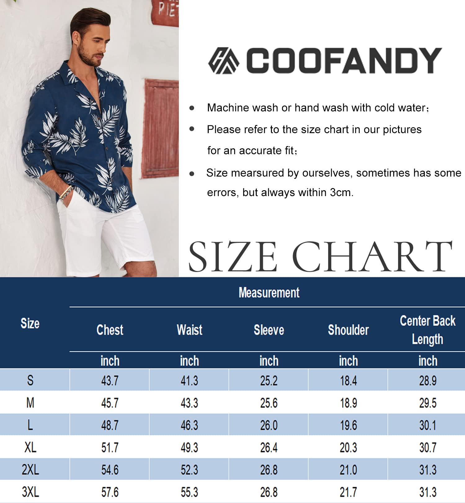 COOFANDY Long Sleeve Hawaiian Shirts for Men Palm Leaf Printed Button Down Shirts Cuban Collar Hawaiian Floral Shirt Palm Leaf L