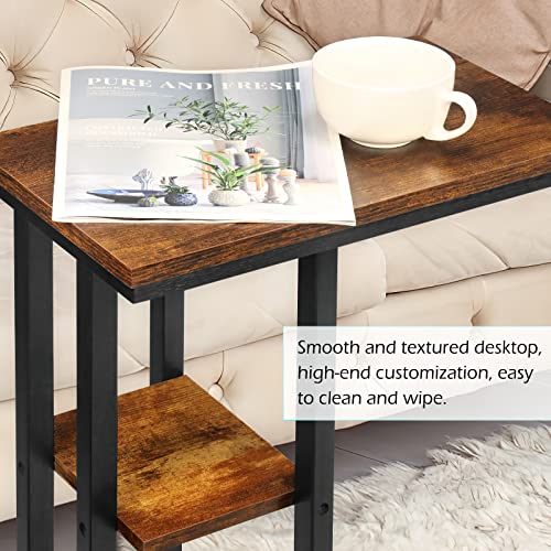 C Shaped Side Table for Sofa, Couch End Table for Small Spaces,Skinny Couch Side Tables Slide Under Sofa Bed,Snack Table with Bamboo, Modern Rustic Brown …