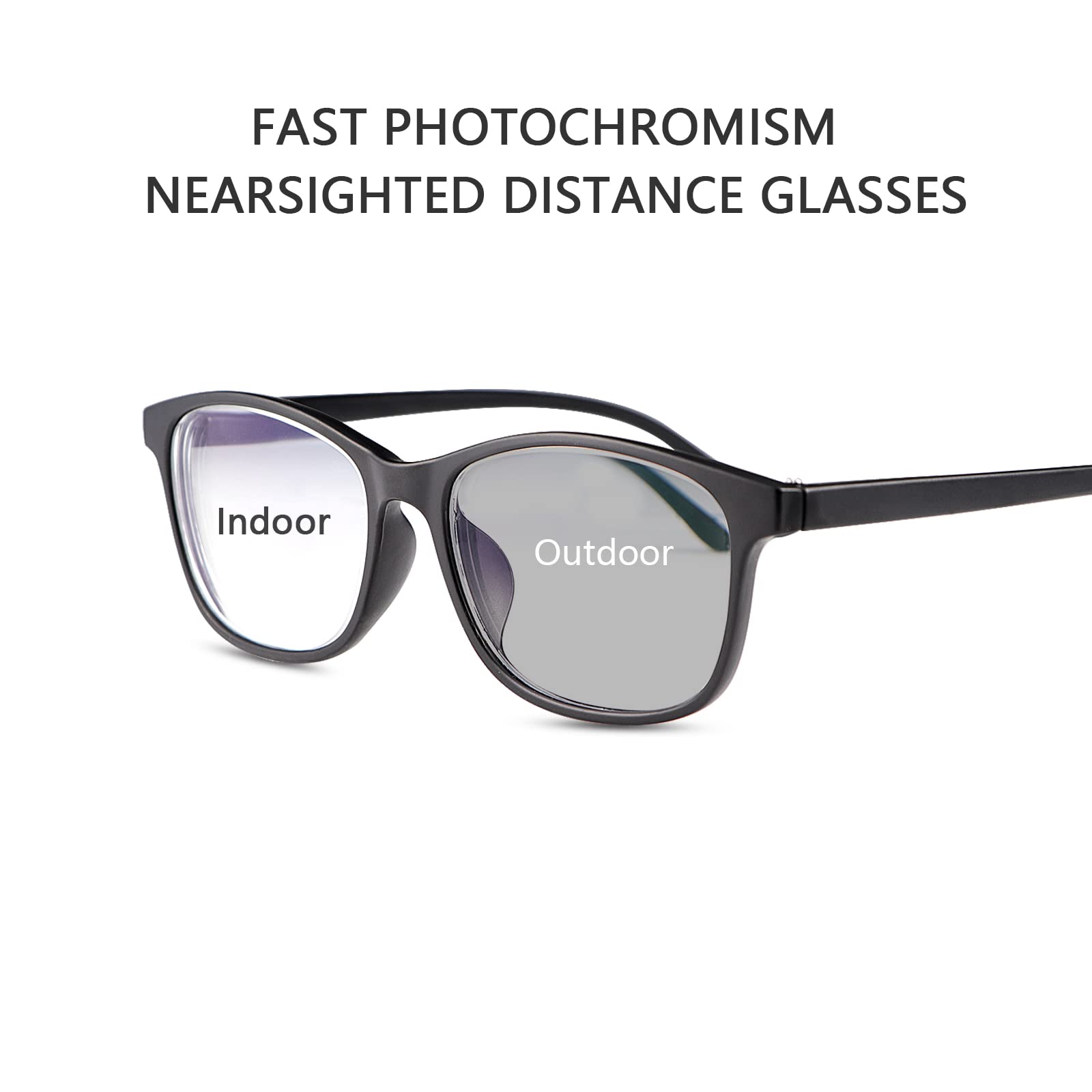 Photochromic Transition Nearsighted Distance Glasses For Men and Women Retro Myopia Glasses TR90 Lightweight Negative Power Shortsighted Eyeglasses Black Full Frame Eyewear Anit UV & Glare Sunglasses