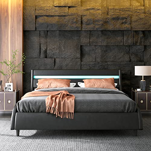 TTVIEW Upholstered Smart LED Bed Frame with Headboard,Modern Faux Leather Wave-Like Platform Low Profile Bed Frame with Solid Wood Slats Support, Black, Full Size