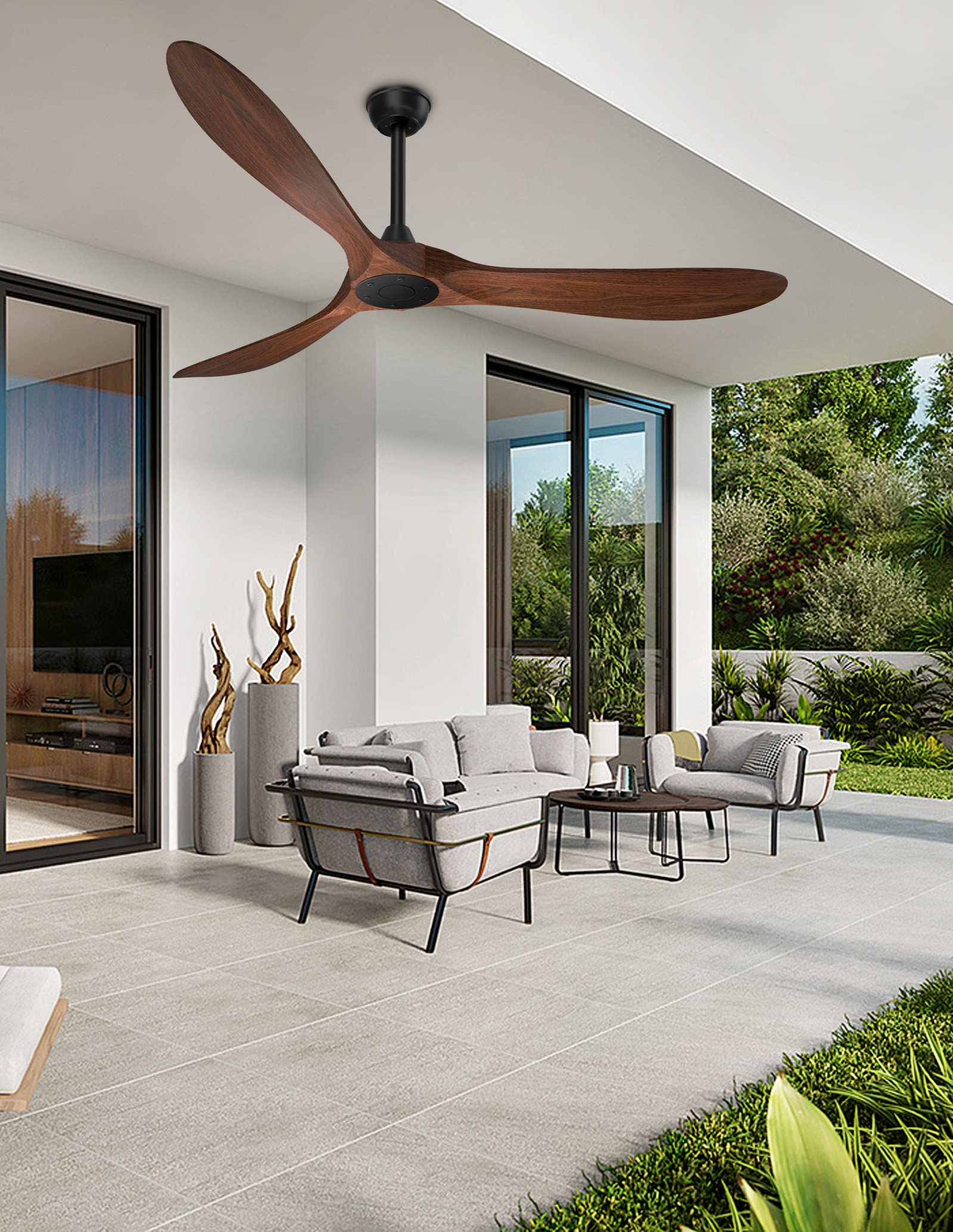 BECLOG Ceiling Fan With Remote Control,Indoor/Outdoor Ceiling Fans with Noiseless DC Motor and 3 Downrods.60 inches Ceiling Fans No Lights Plastic Fan Blade Walnut Look