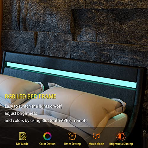 TTVIEW Upholstered Smart LED Bed Frame with Headboard,Modern Faux Leather Wave-Like Platform Low Profile Bed Frame with Solid Wood Slats Support, Black, Full Size