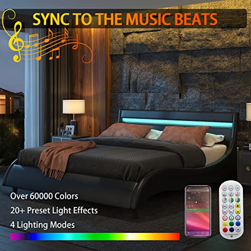 TTVIEW Upholstered Smart LED Bed Frame with Headboard,Modern Faux Leather Wave-Like Platform Low Profile Bed Frame with Solid Wood Slats Support, Black, Full Size