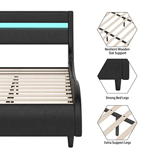 TTVIEW Upholstered Smart LED Bed Frame with Headboard,Modern Faux Leather Wave-Like Platform Low Profile Bed Frame with Solid Wood Slats Support, Black, Full Size