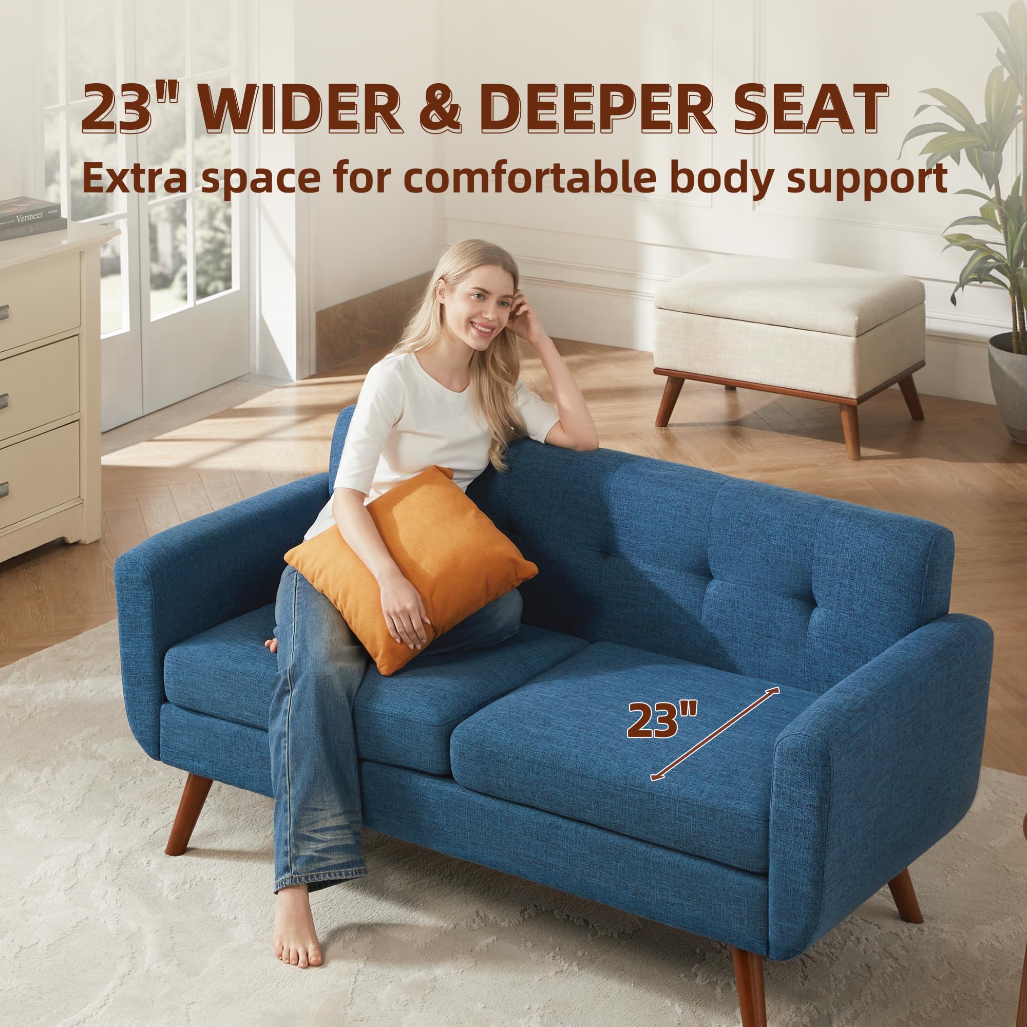 Tbfit 65" W Loveseat Sofa, Mid Century Modern Decor Love Seat Sofas and Couches for Living Room, Button Tufted Upholstered Small Couch for Bedroom, Solid and Easy to Install Love Seats Furniture, Blue