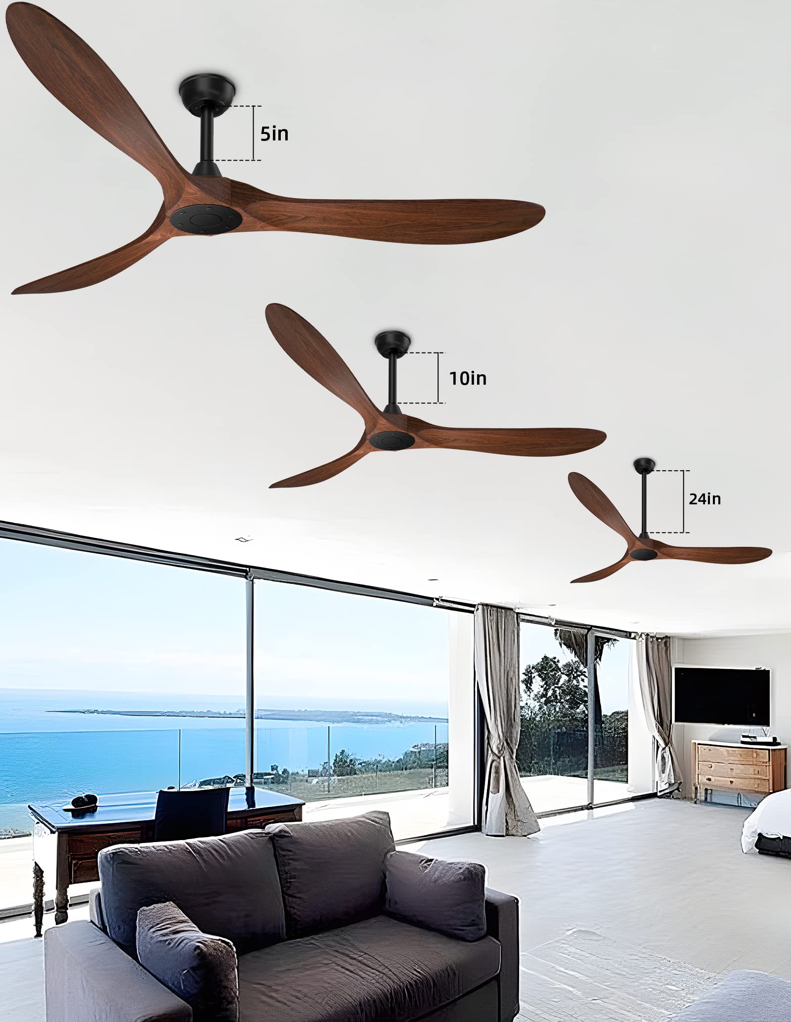 BECLOG Ceiling Fan With Remote Control,Indoor/Outdoor Ceiling Fans with Noiseless DC Motor and 3 Downrods.60 inches Ceiling Fans No Lights Plastic Fan Blade Walnut Look