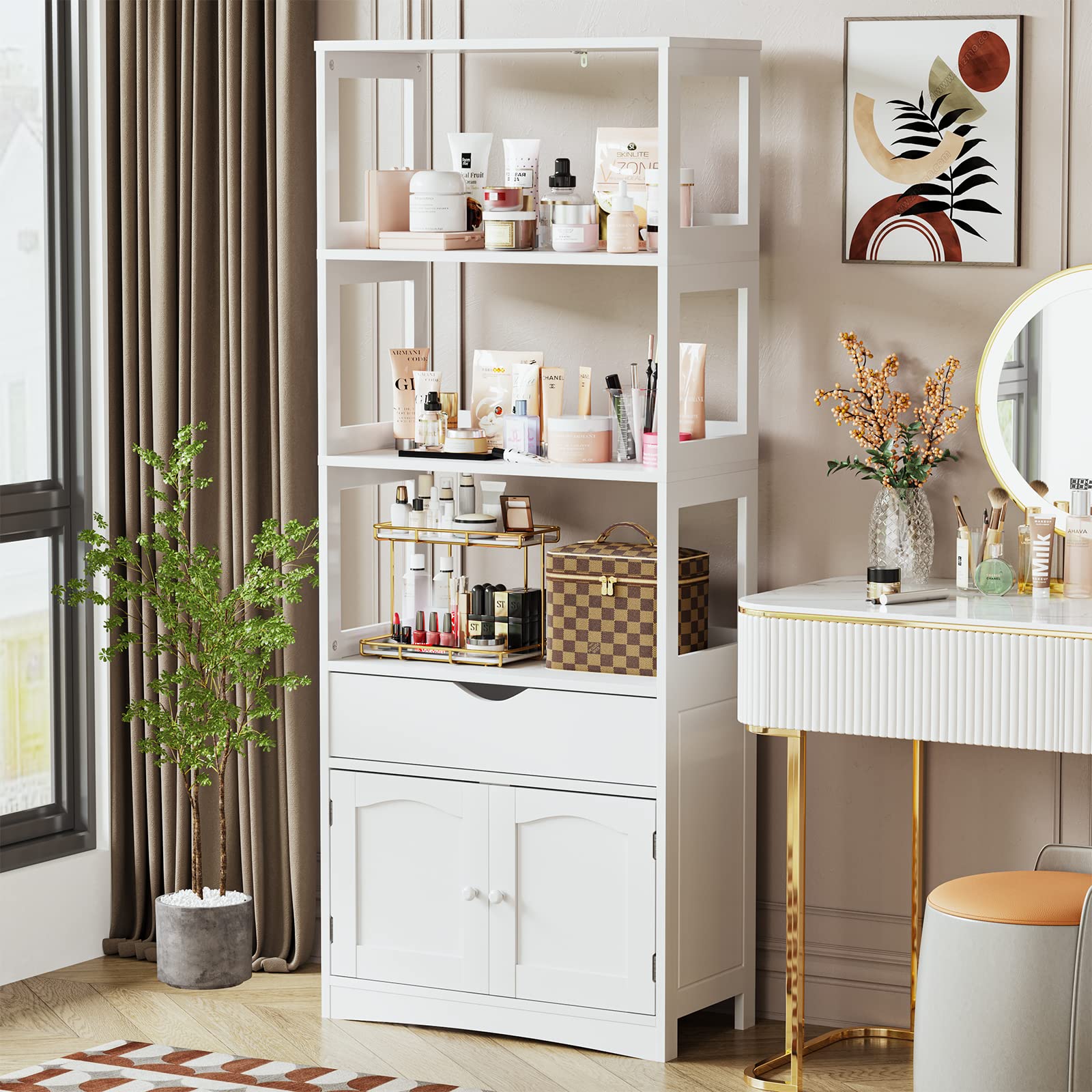 Kitchen Pantry Storage Cabinets Freestanding Tall Bathroom with Shelves and Drawer 64''H Sideboard Storage Cabinet with Microwave Space Cupboard Storage Organizer for Home Office,White