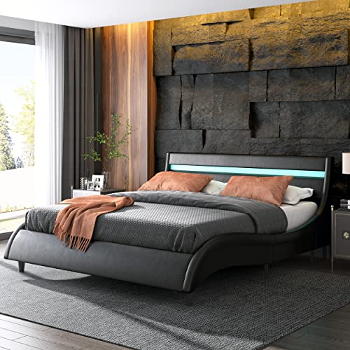 TTVIEW Upholstered Smart LED Bed Frame with Headboard，Modern Faux Leather Wave-Like Platform Low Profile Bed Frame with Solid Wood Slats Support, Black, Full Size