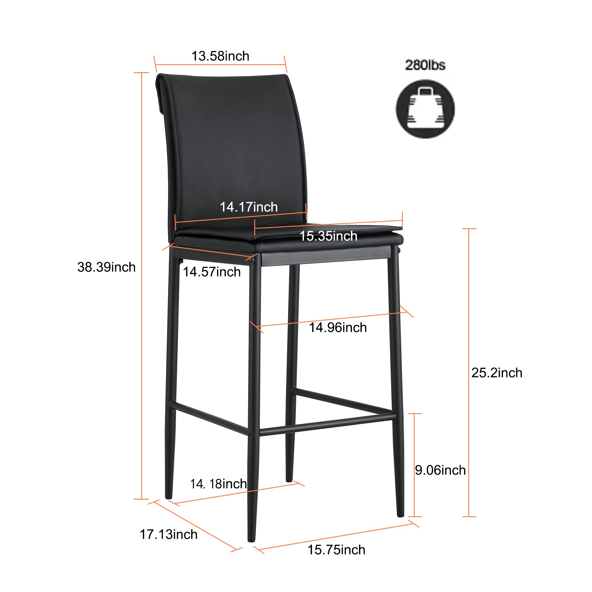 Dining Chairs Set of 2 Leather Upholstered Side Chairs Modern Barstool Dining Counter Height Chair for Living Room Dining Room Kitchen, Bedroom, Black