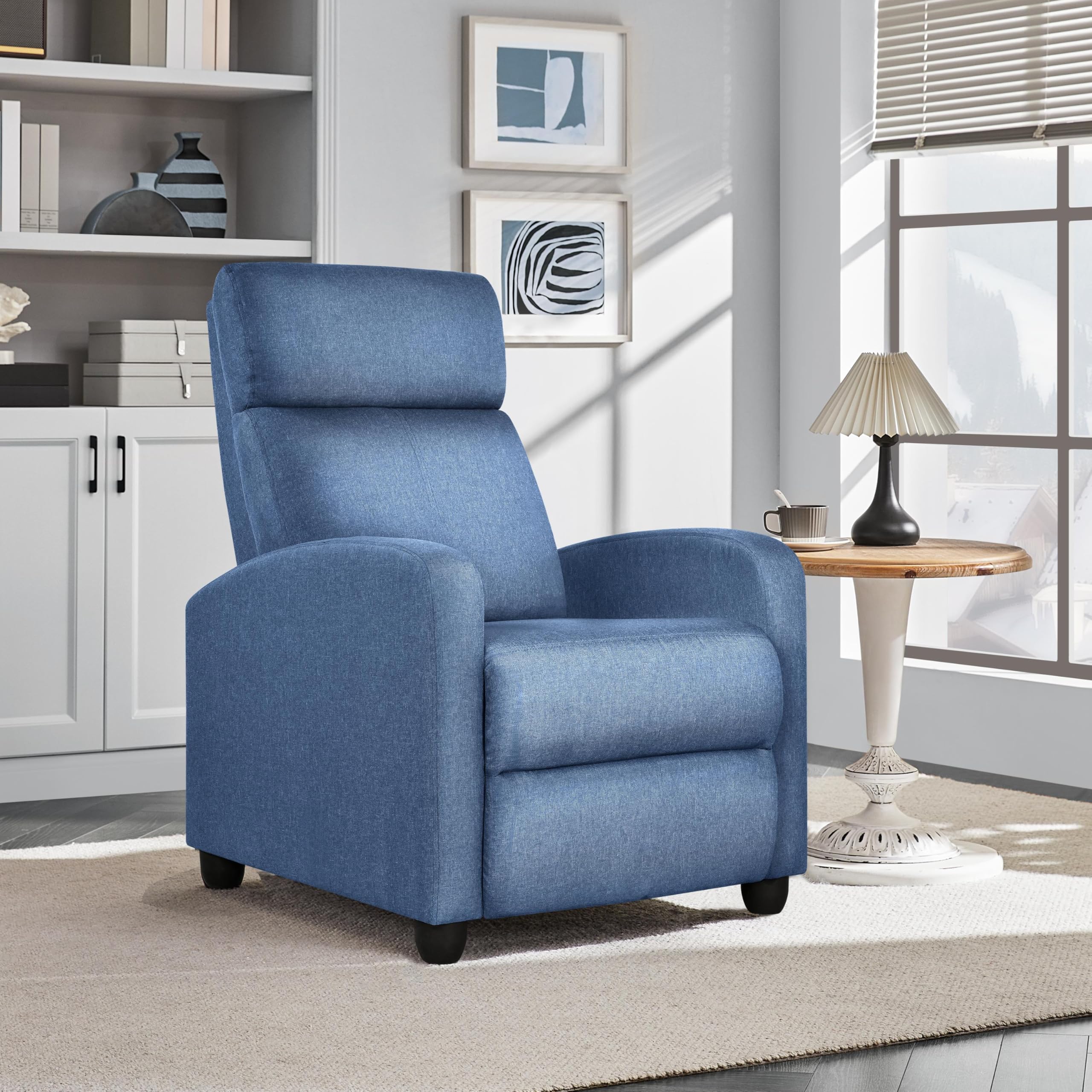 Yaheetech Fabric Recliner Chair Sofa Ergonomic Adjustable Single Sofa with Thicker Seat Cushion Modern Home Theater Seating for Living Room Light Blue
