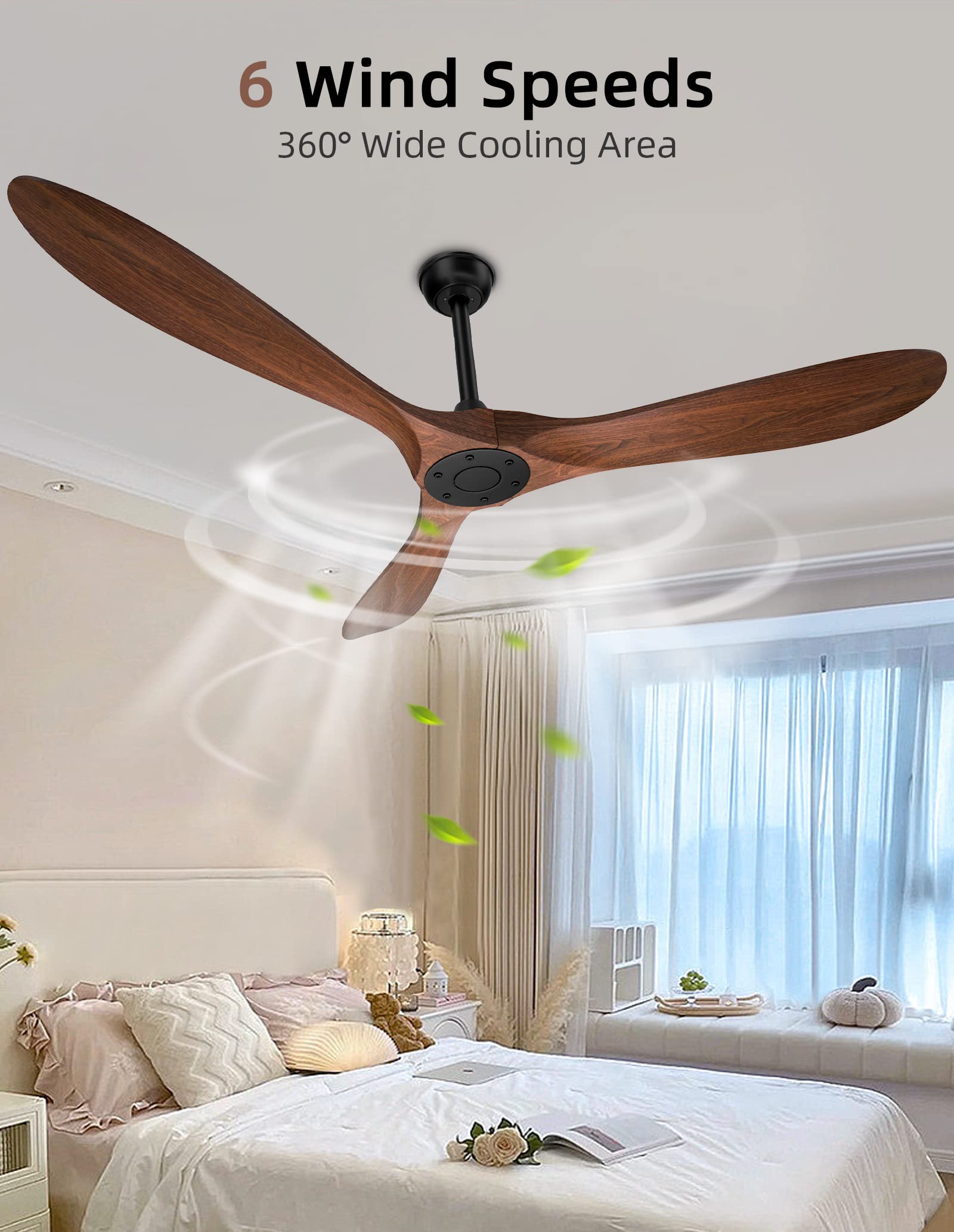 BECLOG Ceiling Fan With Remote Control,Indoor/Outdoor Ceiling Fans with Noiseless DC Motor and 3 Downrods.60 inches Ceiling Fans No Lights Plastic Fan Blade Walnut Look