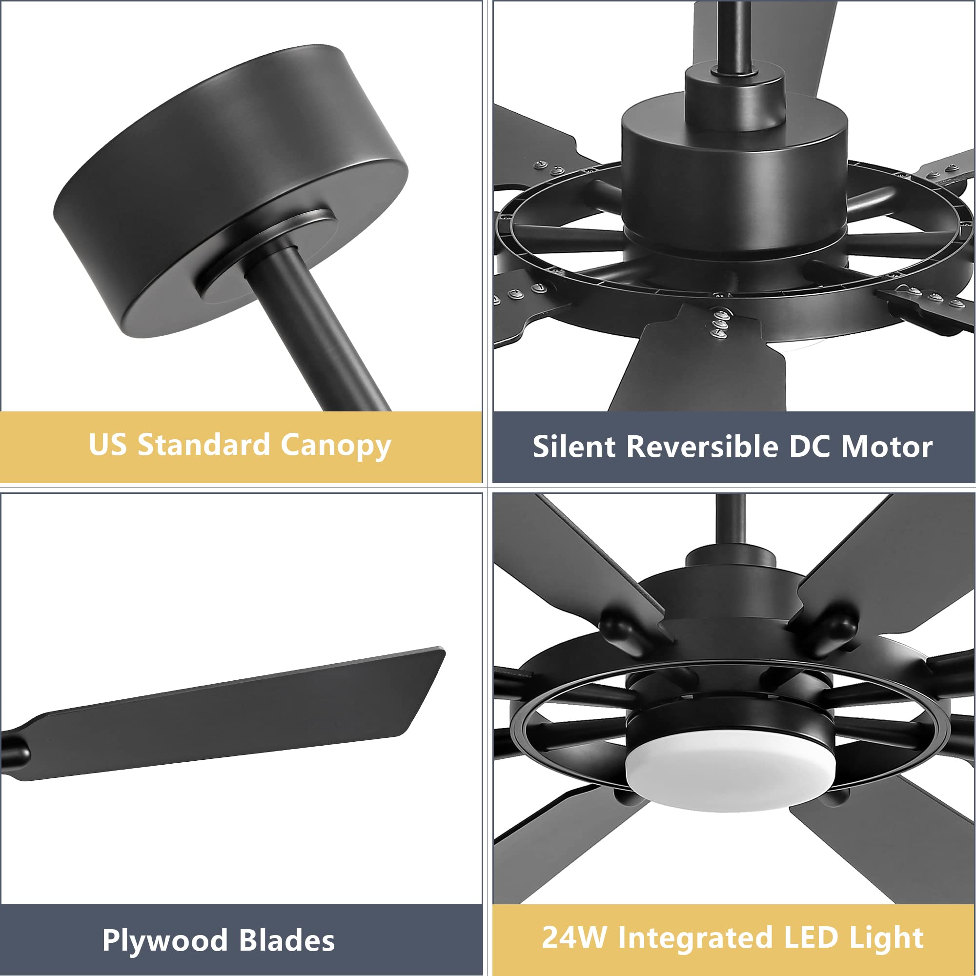 ELEHINSER 60" Ceiling Fan with Lights and Remote Control, Wood 8 Blades 6-Speed Noiseless Reversible DC Motor, Modern Windmill Ceiling fan for Kitchen Bedroom Dining Living Room, Black