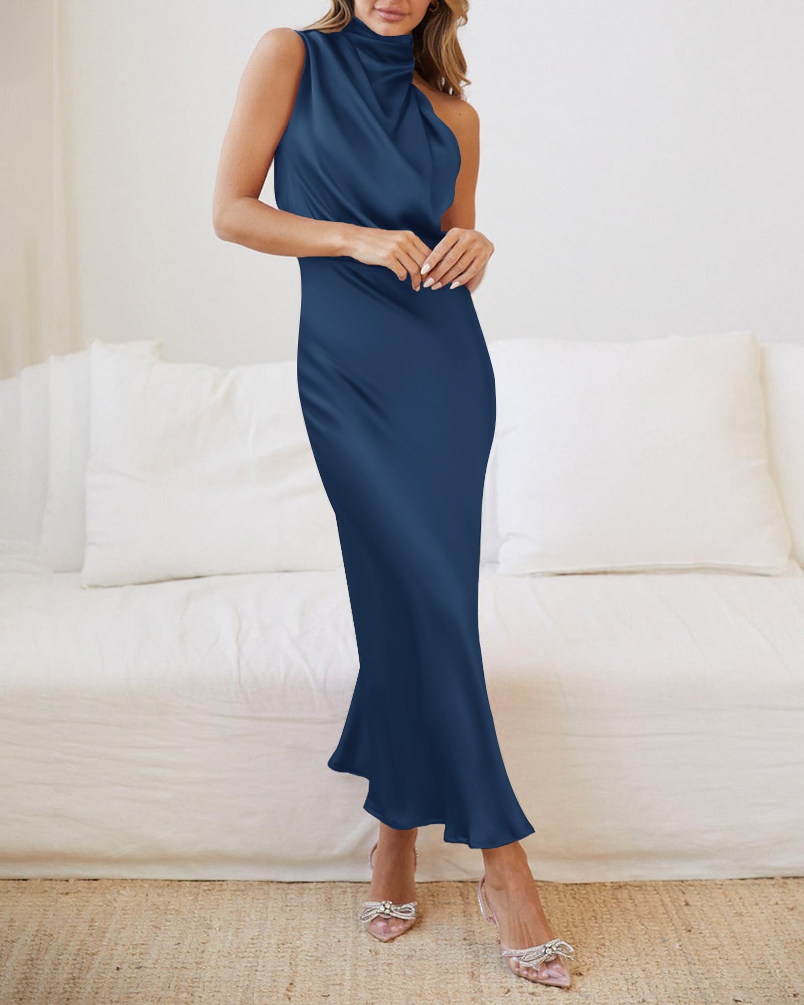 BTFBM Womens Sleeveless Cocktail Dresses Mock Neck Keyhole Elastic High Waist Evening Party Maxi Wedding Guest Dress(Solid Dark Blue, Large)