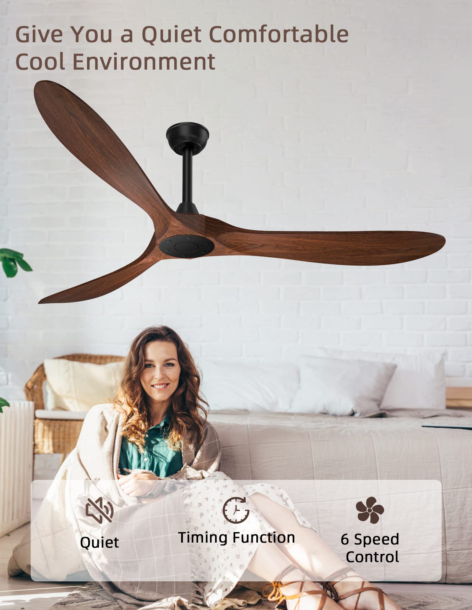 BECLOG Ceiling Fan With Remote Control,Indoor/Outdoor Ceiling Fans with Noiseless DC Motor and 3 Downrods.60 inches Ceiling Fans No Lights Plastic Fan Blade Walnut Look
