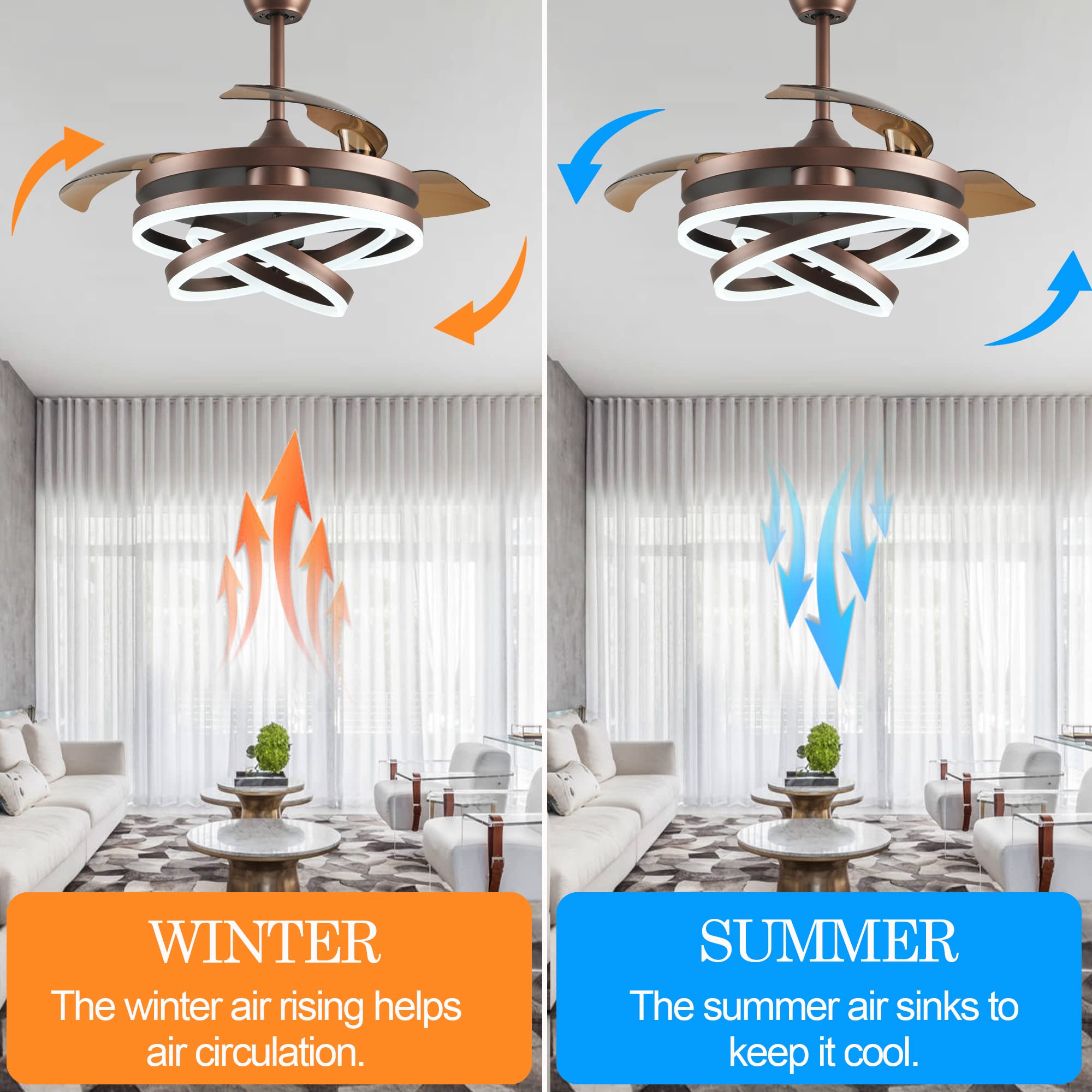 Cusp Barn 42" Retractable Fandelier Ceiling Fan with Lights Remote - Silent Dimmable Modern 6 Speed LED Chandelier Fan for Bedroom Living Room Kitchen