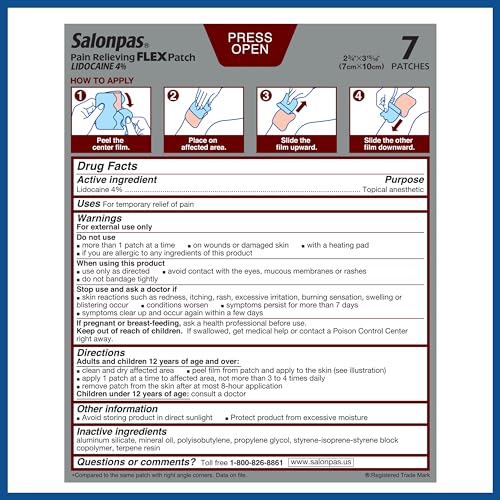 Salonpas Maximum OTC Strength Lidocaine 4% Pain Relieving Flex Patch, Apply for Up to 8 Hours, Unscented, Thin, Flexible, Lightweight, Patch Stays in Place, 7 Patches