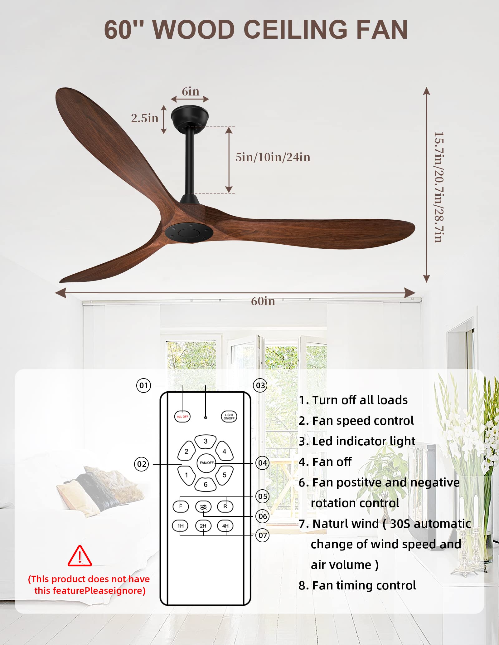BECLOG Ceiling Fan With Remote Control,Indoor/Outdoor Ceiling Fans with Noiseless DC Motor and 3 Downrods.60 inches Ceiling Fans No Lights Plastic Fan Blade Walnut Look
