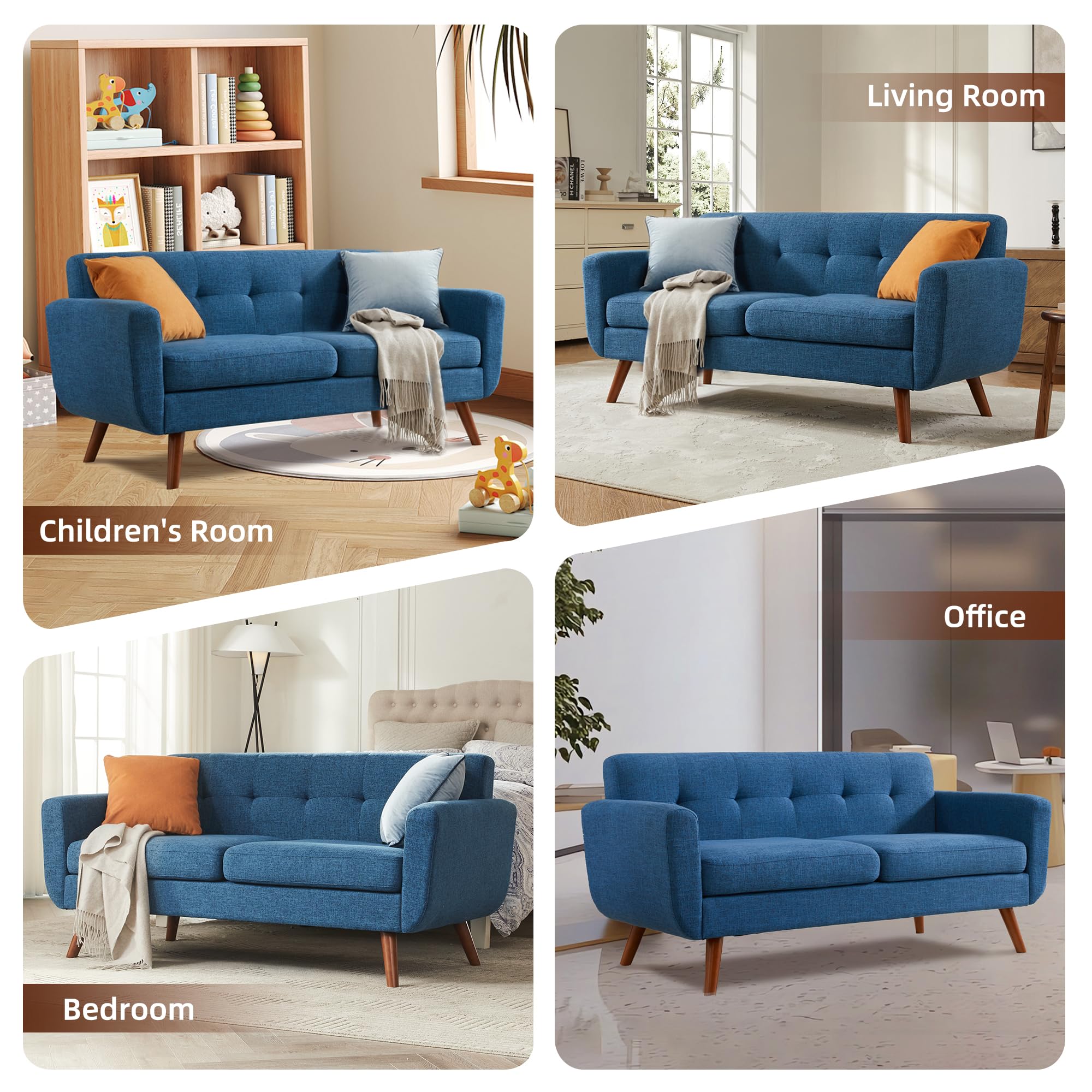 Tbfit 65" W Loveseat Sofa, Mid Century Modern Decor Love Seat Sofas and Couches for Living Room, Button Tufted Upholstered Small Couch for Bedroom, Solid and Easy to Install Love Seats Furniture, Blue