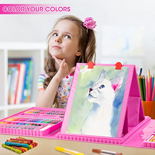 Art Supplies, 240-Piece Drawing Art Kit, Gifts Art Set Case with Double Sided Trifold Easel, Includes Oil Pastels, Crayons, Colored Pencils, Watercolor Cakes, Sketch Pad (Pink)