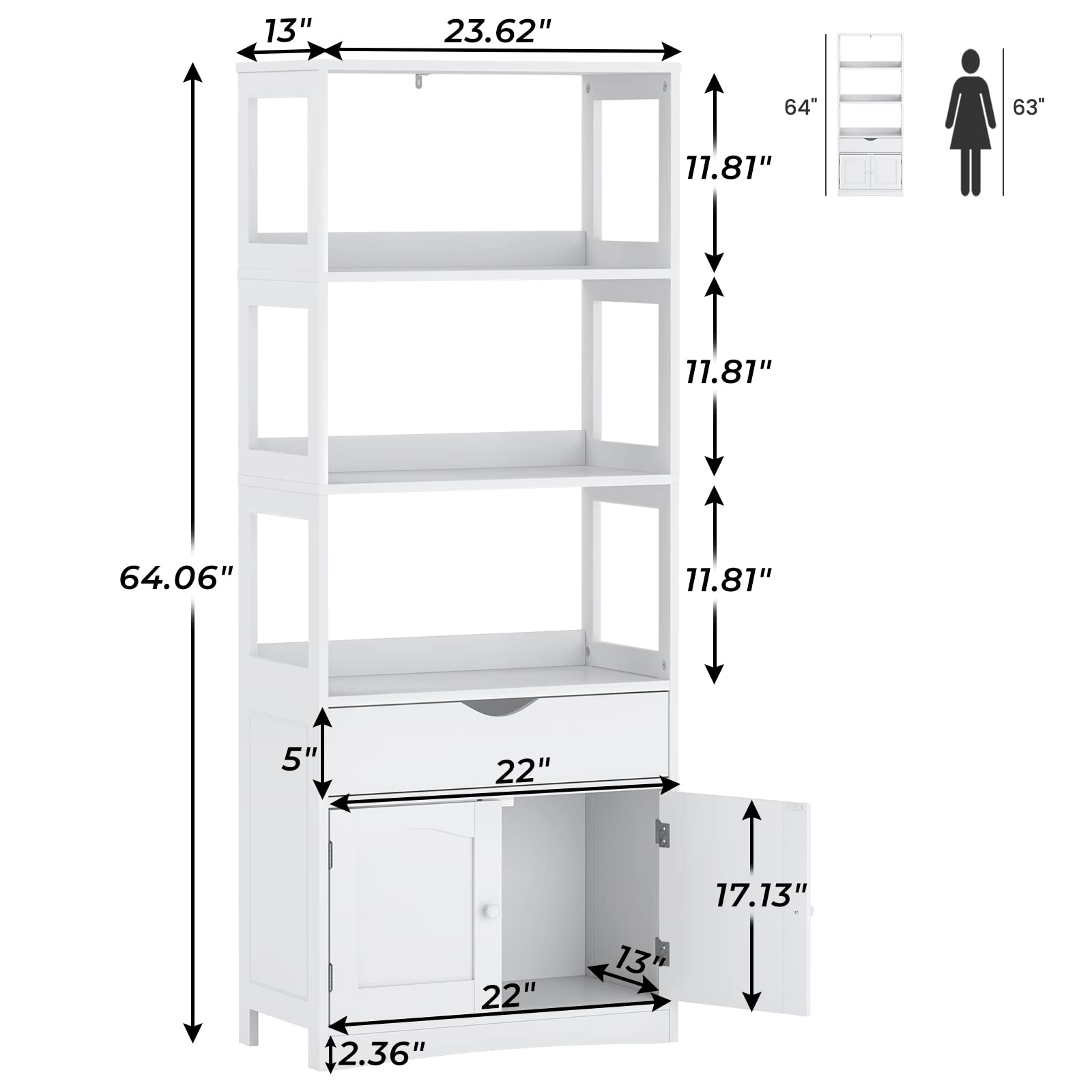 Kitchen Pantry Storage Cabinets Freestanding Tall Bathroom with Shelves and Drawer 64''H Sideboard Storage Cabinet with Microwave Space Cupboard Storage Organizer for Home Office,White