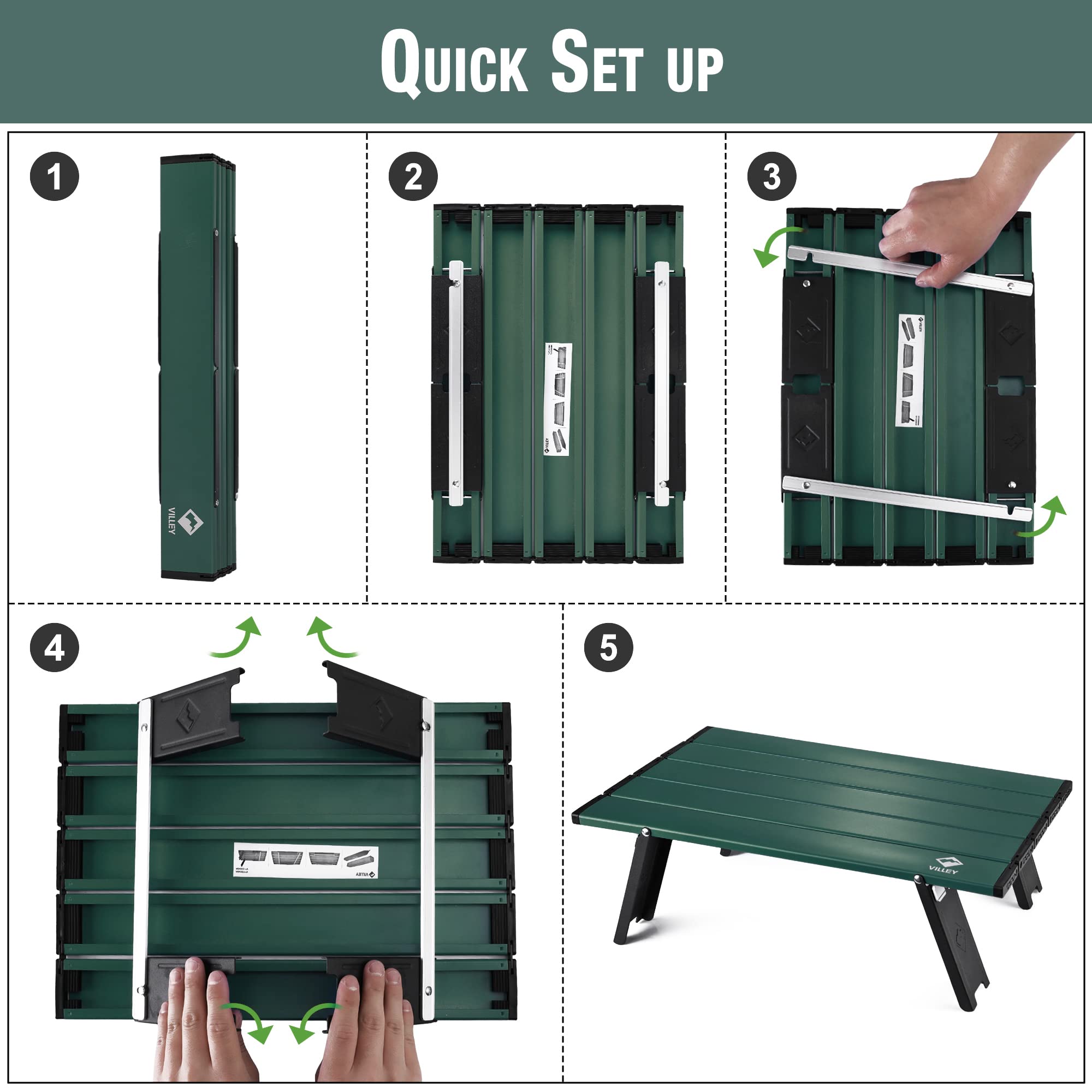 VILLEY Portable Mini Folding Beach Table, Ultralight Aluminum Side Table with Carry Bag for Camping, Picnics, and Outdoor Activities - Green