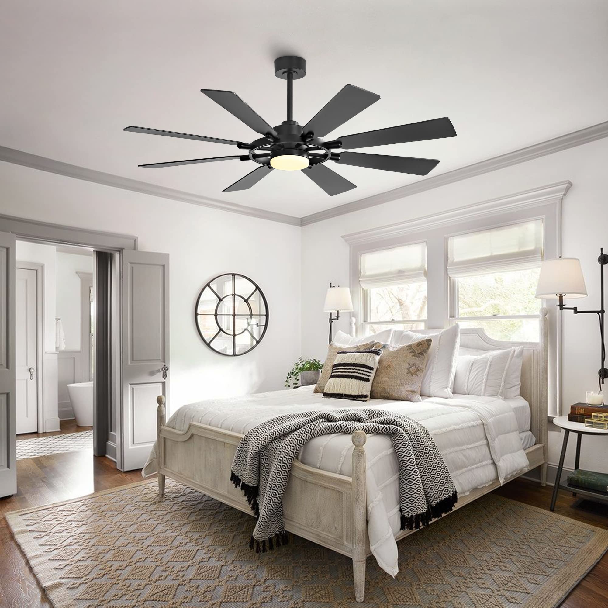 ELEHINSER 60" Ceiling Fan with Lights and Remote Control, Wood 8 Blades 6-Speed Noiseless Reversible DC Motor, Modern Windmill Ceiling fan for Kitchen Bedroom Dining Living Room, Black