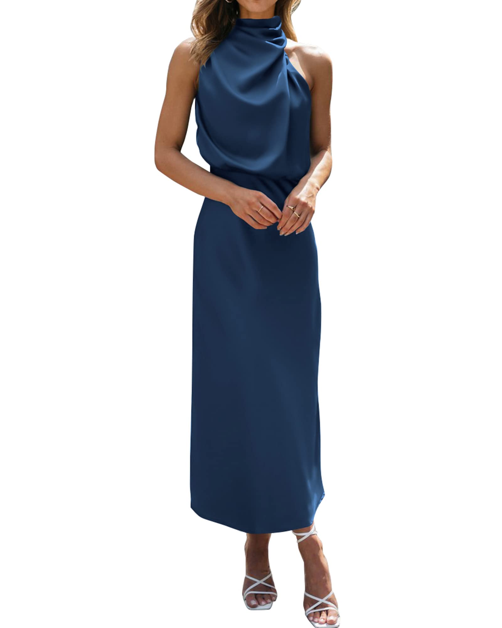 BTFBM Womens Sleeveless Cocktail Dresses Mock Neck Keyhole Elastic High Waist Evening Party Maxi Wedding Guest Dress(Solid Dark Blue, Large)