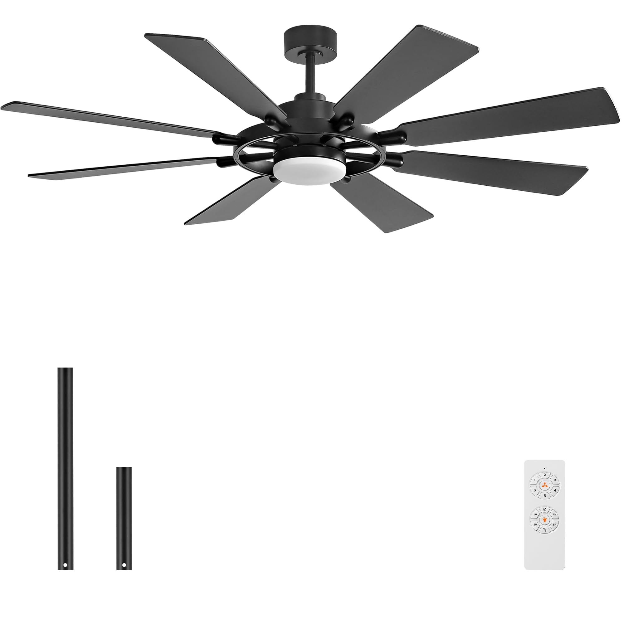 ELEHINSER 60" Ceiling Fan with Lights and Remote Control, Wood 8 Blades 6-Speed Noiseless Reversible DC Motor, Modern Windmill Ceiling fan for Kitchen Bedroom Dining Living Room, Black