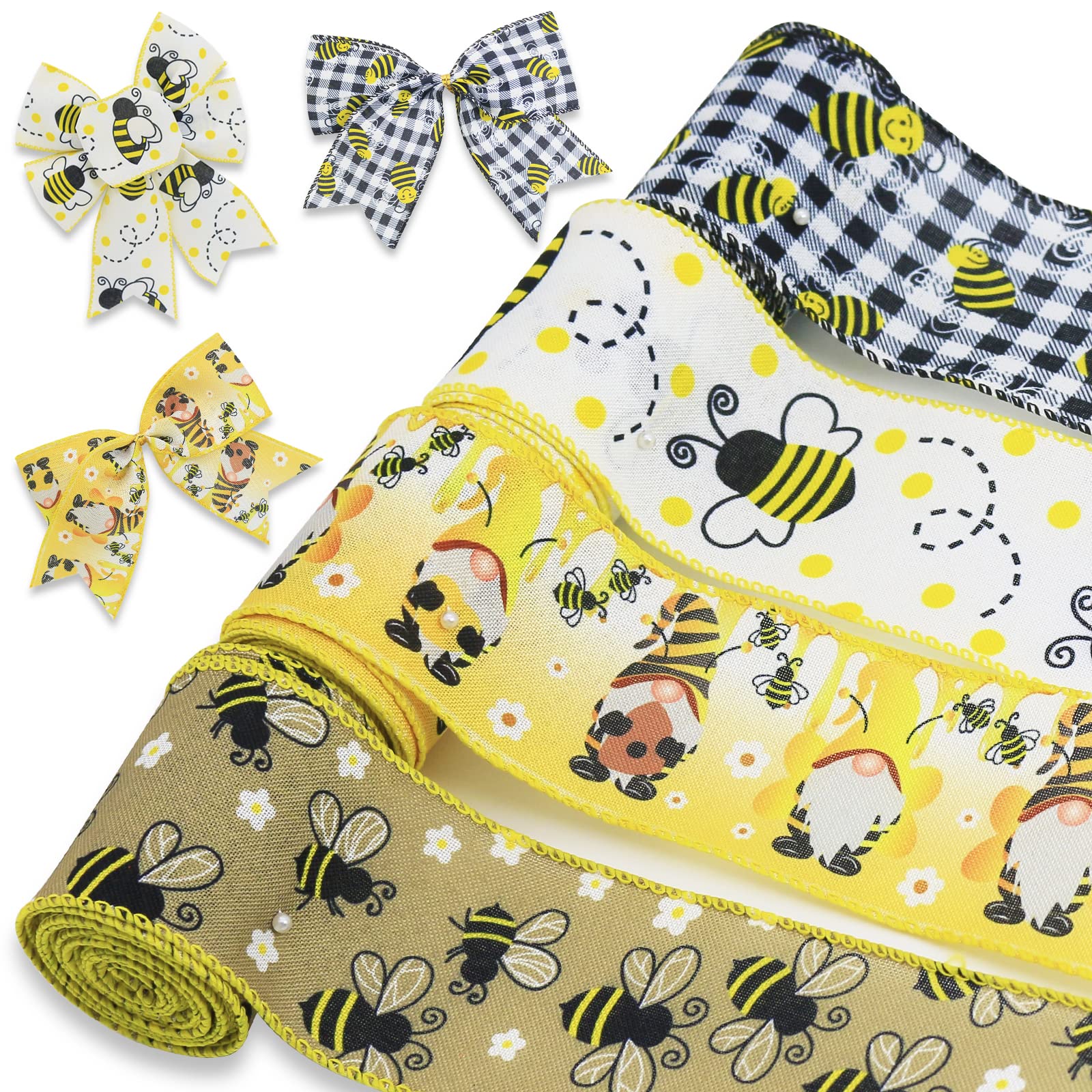 Bee Wired Edge Bumble Honey Bee Gnome Dot Yellow Wreath Ribbon for Summer Teachers' Day Easter Sewing DIY Craft Fabric Burlap Yellow Ribbon for Bows Wrapping Party Decorative