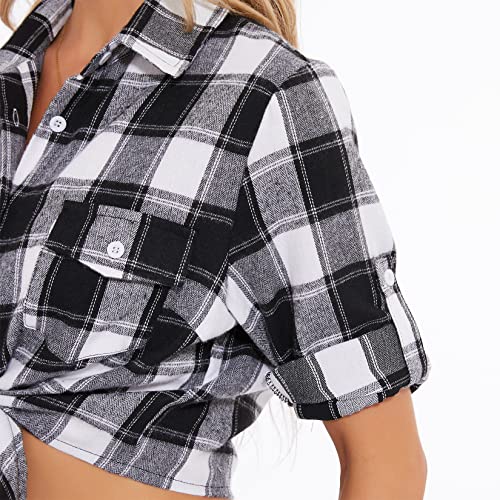 Women's 3/4 Sleeve Front Tie Shirt Plaid Shirts Denim Shirt Crop Cardigan Jean Crop Top Button Down Knot Shirt Black Plaid X-Small