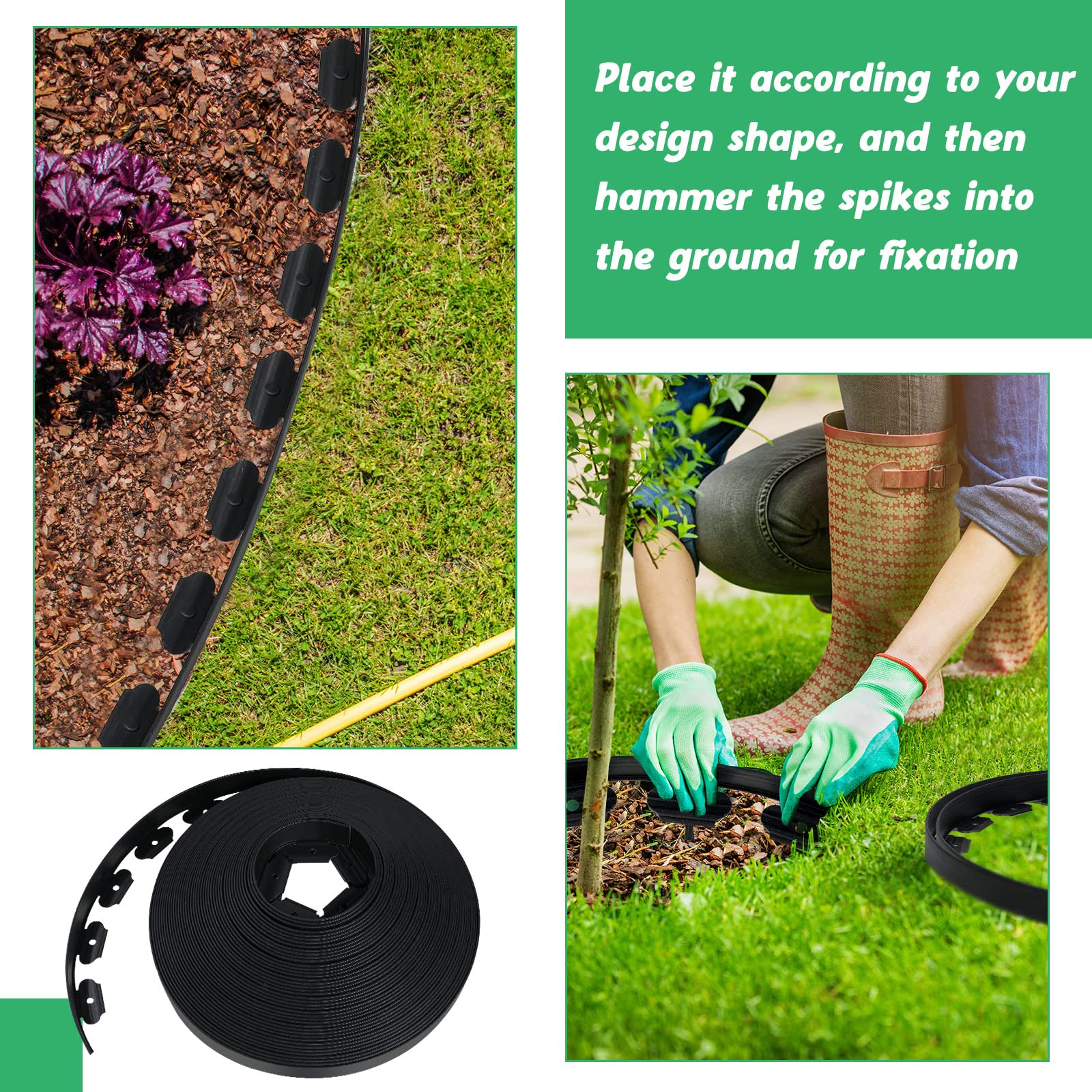 Queekay Landscape Edging Kit 148 ft with 70 Spikes 20 Connectors No Dig Plastic Border for Garden, Lawn, Yard, Pathway(Black,2 Inch)