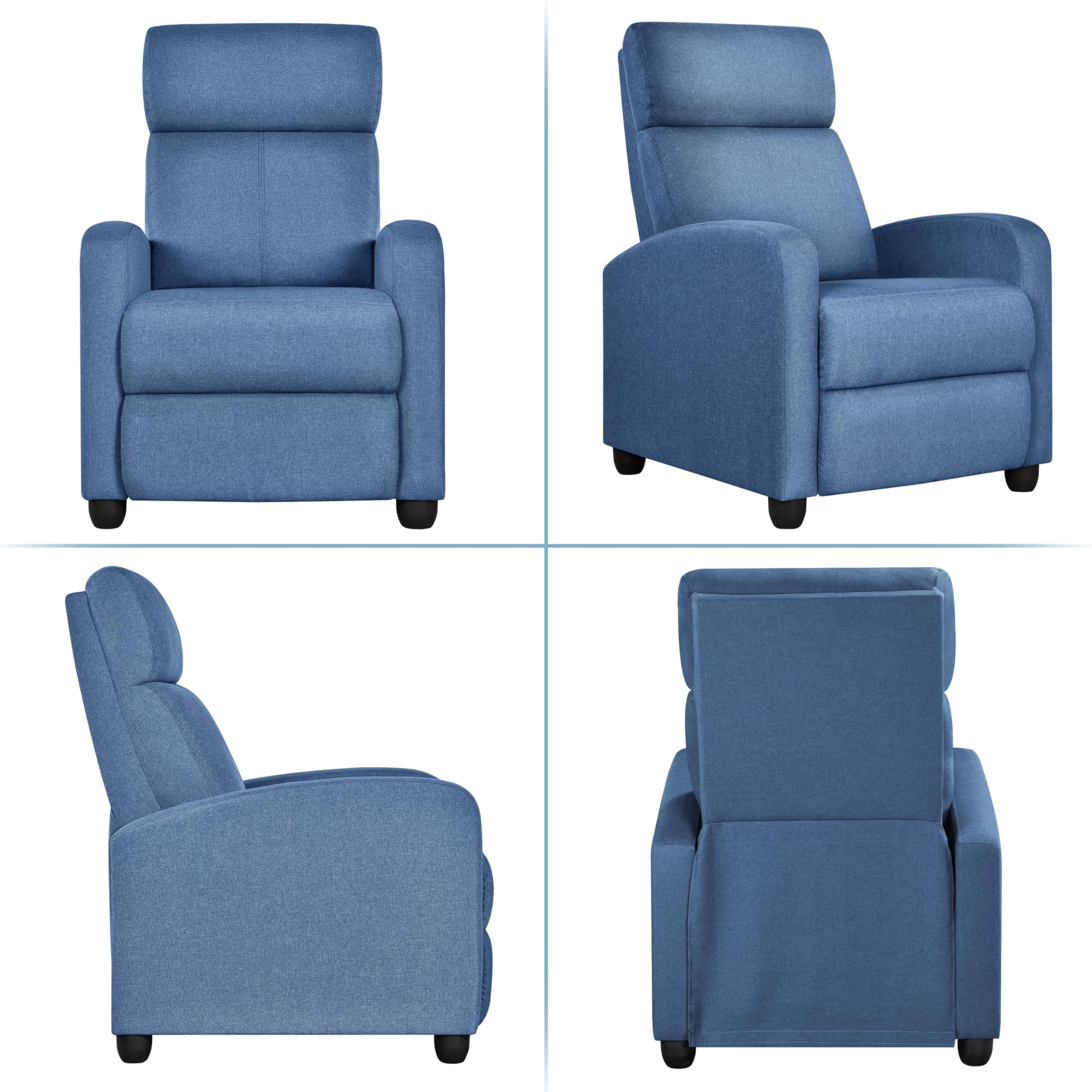Yaheetech Fabric Recliner Chair Sofa Ergonomic Adjustable Single Sofa with Thicker Seat Cushion Modern Home Theater Seating for Living Room Light Blue