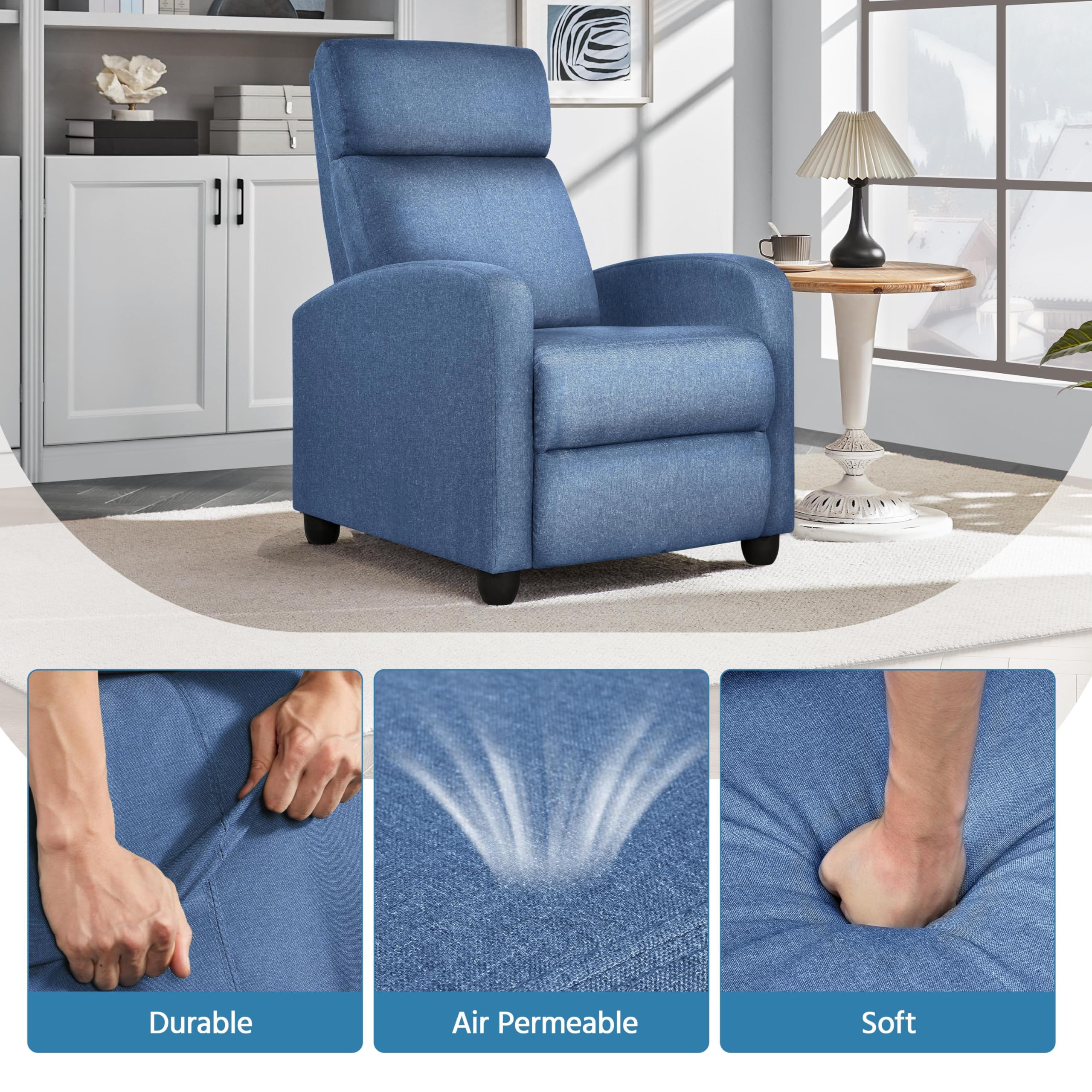 Yaheetech Fabric Recliner Chair Sofa Ergonomic Adjustable Single Sofa with Thicker Seat Cushion Modern Home Theater Seating for Living Room Light Blue