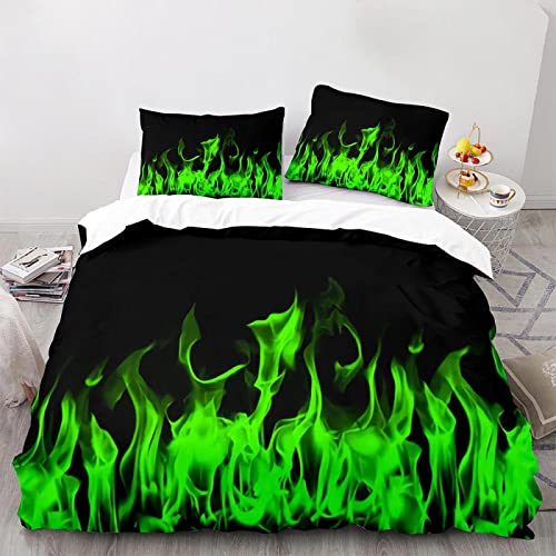 Guugoo Abstract Burning Green Flame Print Black Bedding Set Queen Duvet Cover Set King Twin Full Comfy Pillowcase Woman Kid Boy 3pcs Bed in A Bag,Home Family