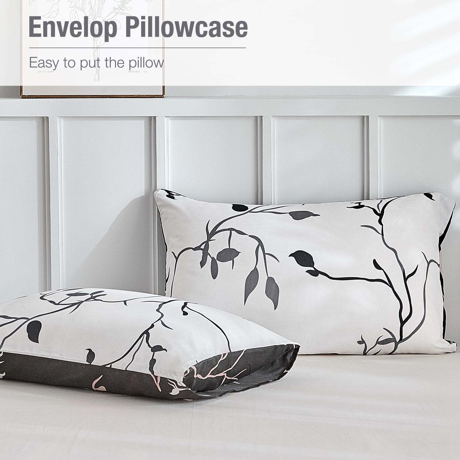 Lekesky Reversible Duvet Cover Queen Size, White Black Tree Branch Pattern Comforter Cover Queen 3pc Super Soft Microfiber Breathable Botanical Bedding Sets with Zipper Ties