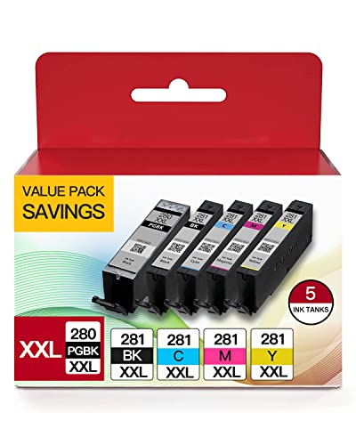 280 281 Ink Cartridges Black/Color XXL Compatible for Canon PGI-280XXL CLI-281XXL Replacement for PIXMA TR8520 TS6320 TS9120 TS6220 TR7520 TR8500 TS8320 TR8620 TS6120 TS8220 TS6300 TS8120 (5 Pack)