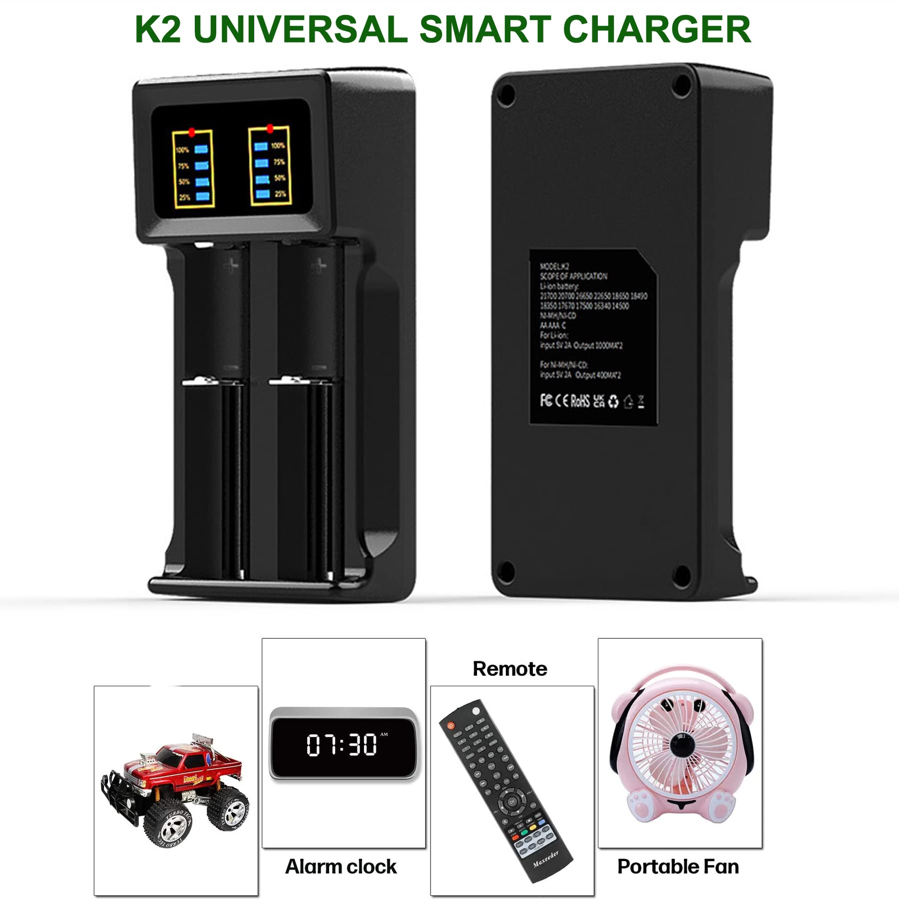 USB Battery Charger 2-Bay 5V 2A for Rechargeable Batteries 1.2V AA AAA 3.7V Li-ion 26650 18650 16340(RCR123) Capacity Display (Not Battery)