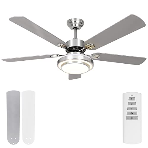 hykolity 52 Inch Ceiling Fans with Lights (Integrated LED) Remote Control, Reversible Motor and Blades, ETL Listed, for Patio Living Room, Bedroom, Office - Brushed Nickel (5-Blades)