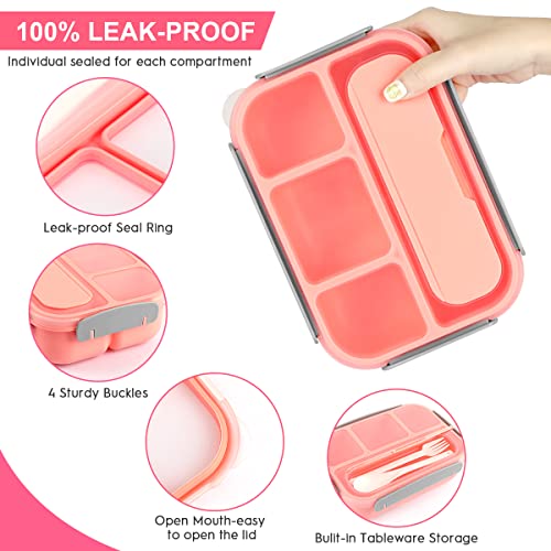 XIANKE 27Pcs Bento Box Lunch Box Kit, 1300ML Lunch Container for Kids/Adults, Durable Leak-proof Box 4 Compartments with Spoon Fork Bag Accessories, Microwave Dishwasher Freezer Safe,BPA-Free