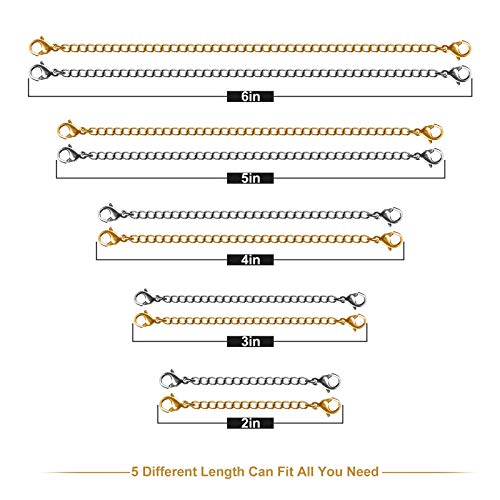 Necklace Extenders, 10Pcs Stainless Steel Gold Silver Necklace Bracelet Anklet Extension Chains with Lobster Clasps and Closures for Jewelry Making