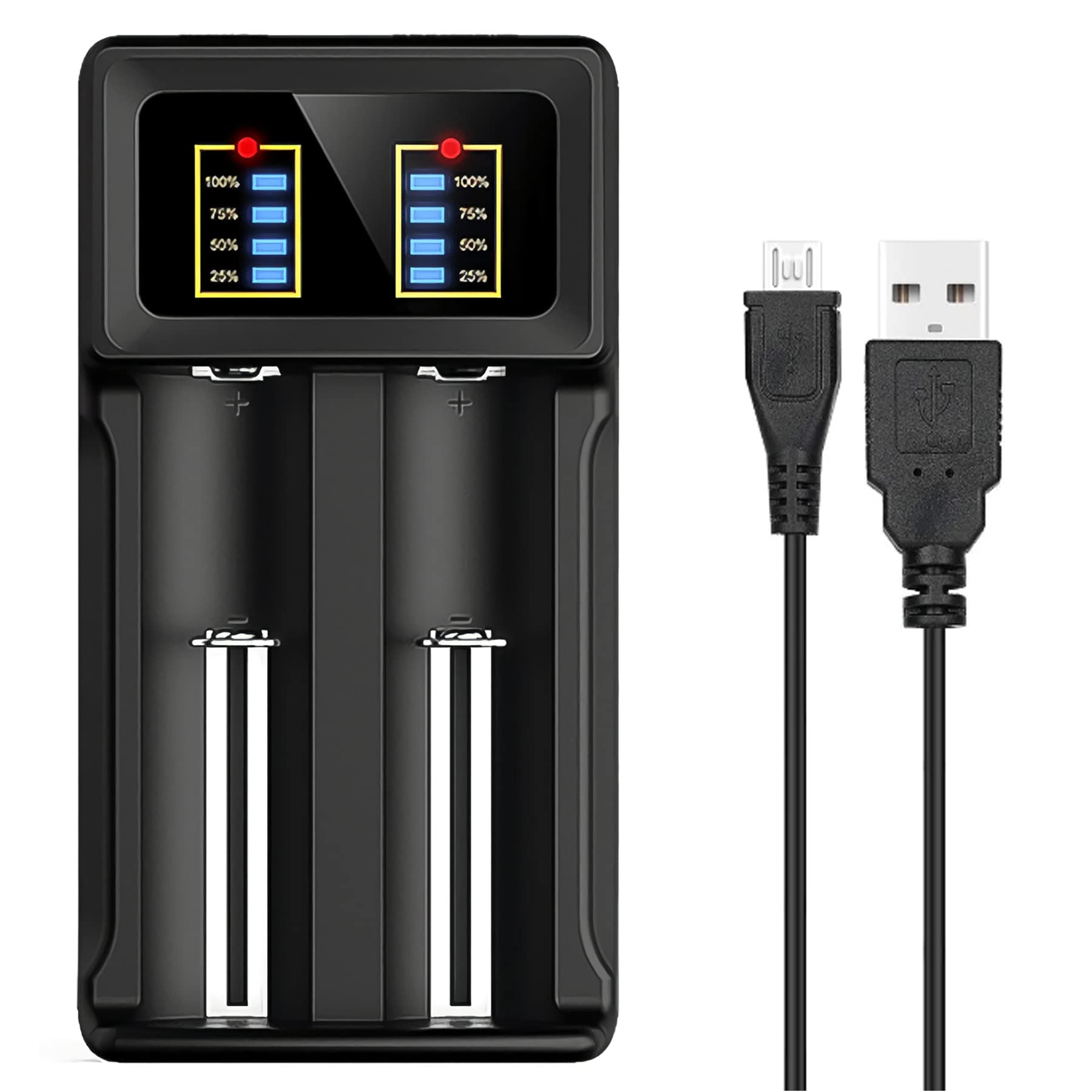 USB Battery Charger 2-Bay 5V 2A for Rechargeable Batteries 1.2V AA AAA 3.7V Li-ion 26650 18650 16340(RCR123) Capacity Display (Not Battery)