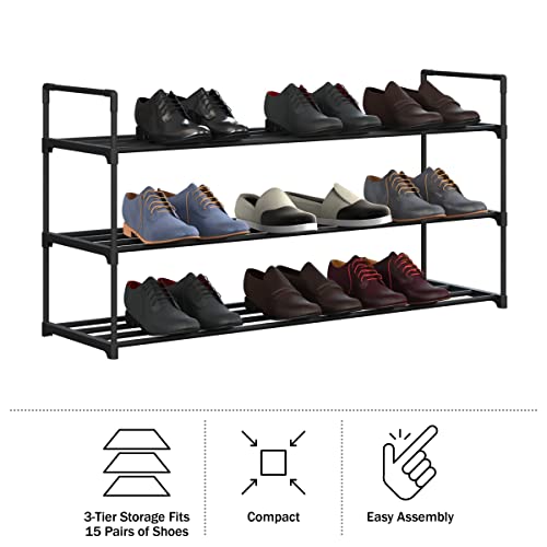 Shoe Rack - 3-Tier Shoe Organizer for Closet, Bathroom, Entryway - Shelf Holds 15 Pairs Sneakers, Heels, Boots by Home-Complete (Black)