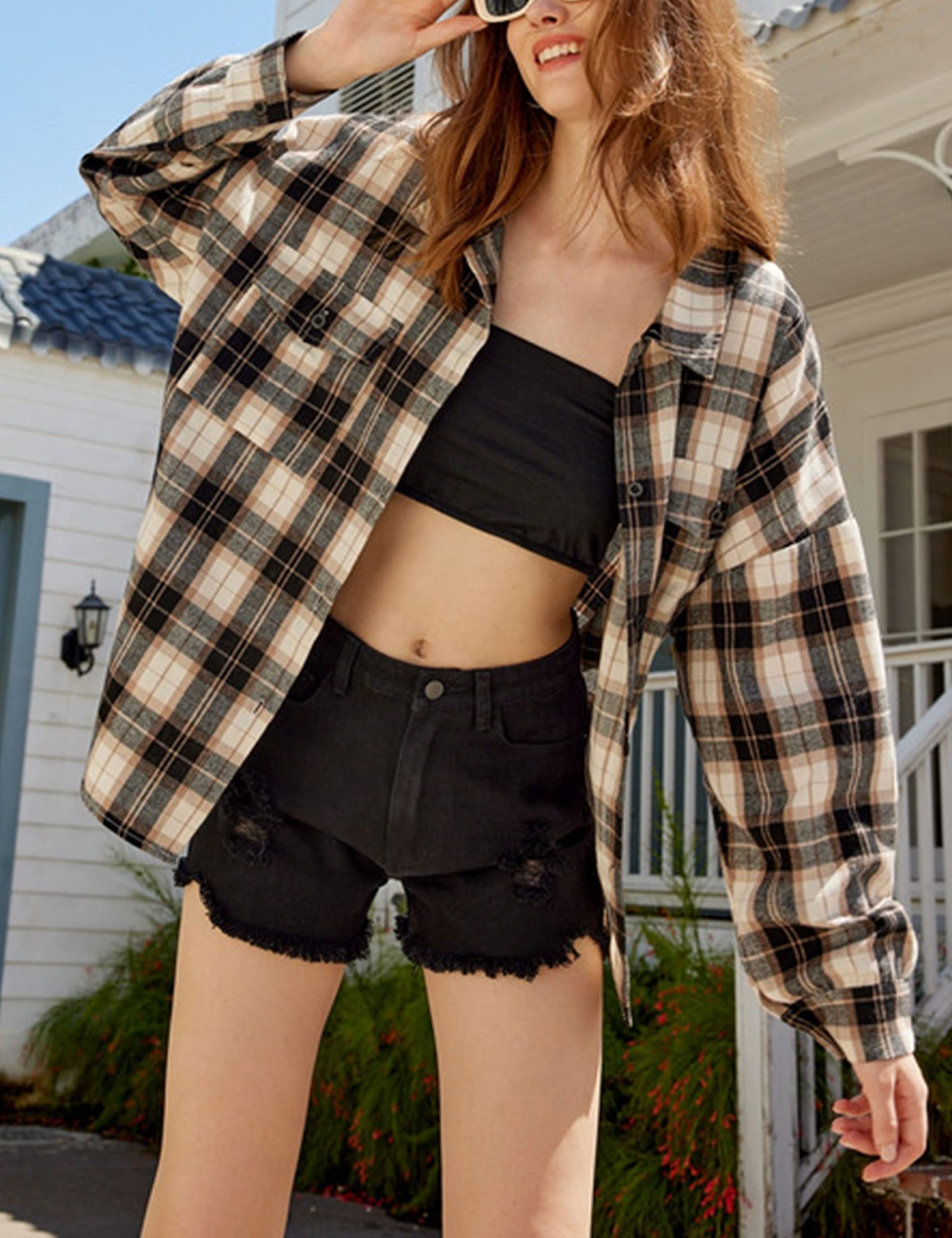 Zontroldy Flannel Shirts for Women Oversized Buffalo Plaid Button Down Long Sleeve Flannels Shirt Blouse Tops(0396-Khaki-M)