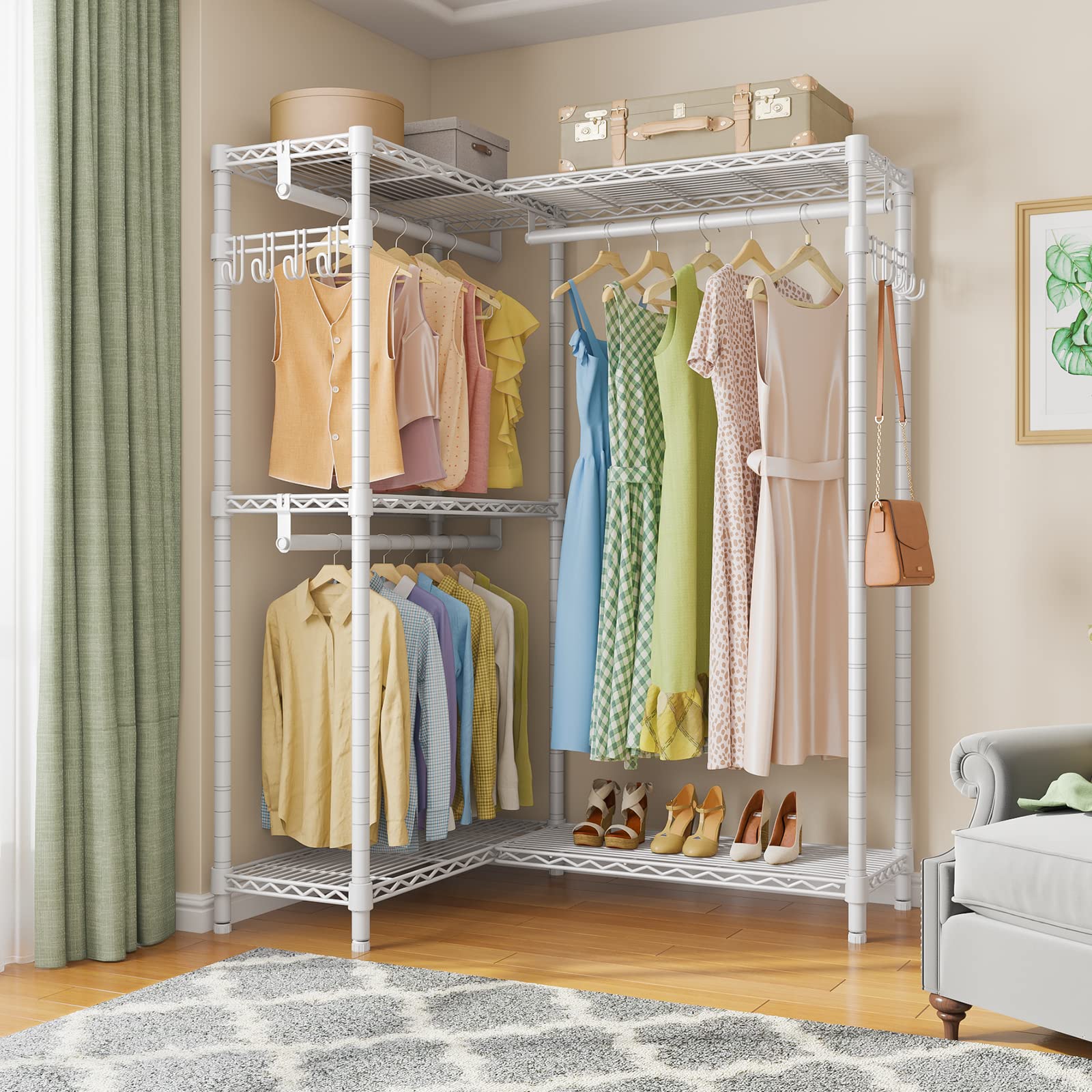 VIPEK L4S Garment Rack L Shaped Clothes Rack for Corner, Freestanding Portable Wardrobe Closet Heavy Duty Clothing Rack with 3 Hanging Rods & 2 Side Hooks, 43.3"Lx29.1"Wx76.4"H, Max Load 810LBS, White