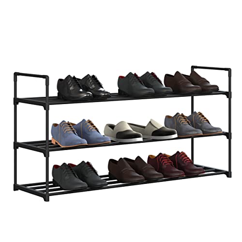 Shoe Rack - 3-Tier Shoe Organizer for Closet, Bathroom, Entryway - Shelf Holds 15 Pairs Sneakers, Heels, Boots by Home-Complete (Black)