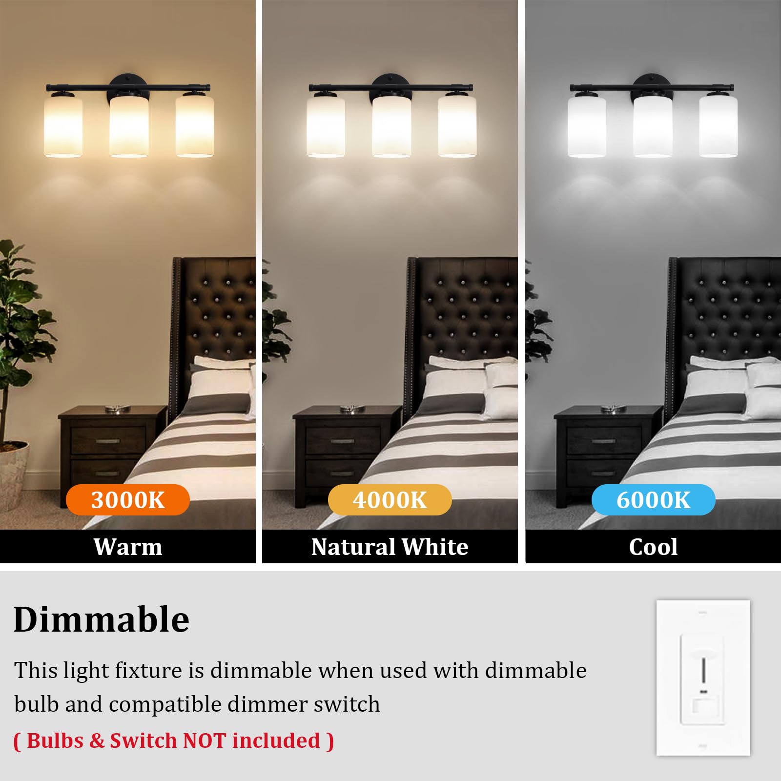 GZBEINI Black Bathroom Vanity Fixture,Farmhouse Bathroom Light FixturesOver Mirror,3 Light Modern Bathroom Lighting,Bathroom Vanity Light Fixtures Above Mirror with Milk White Glass Shade