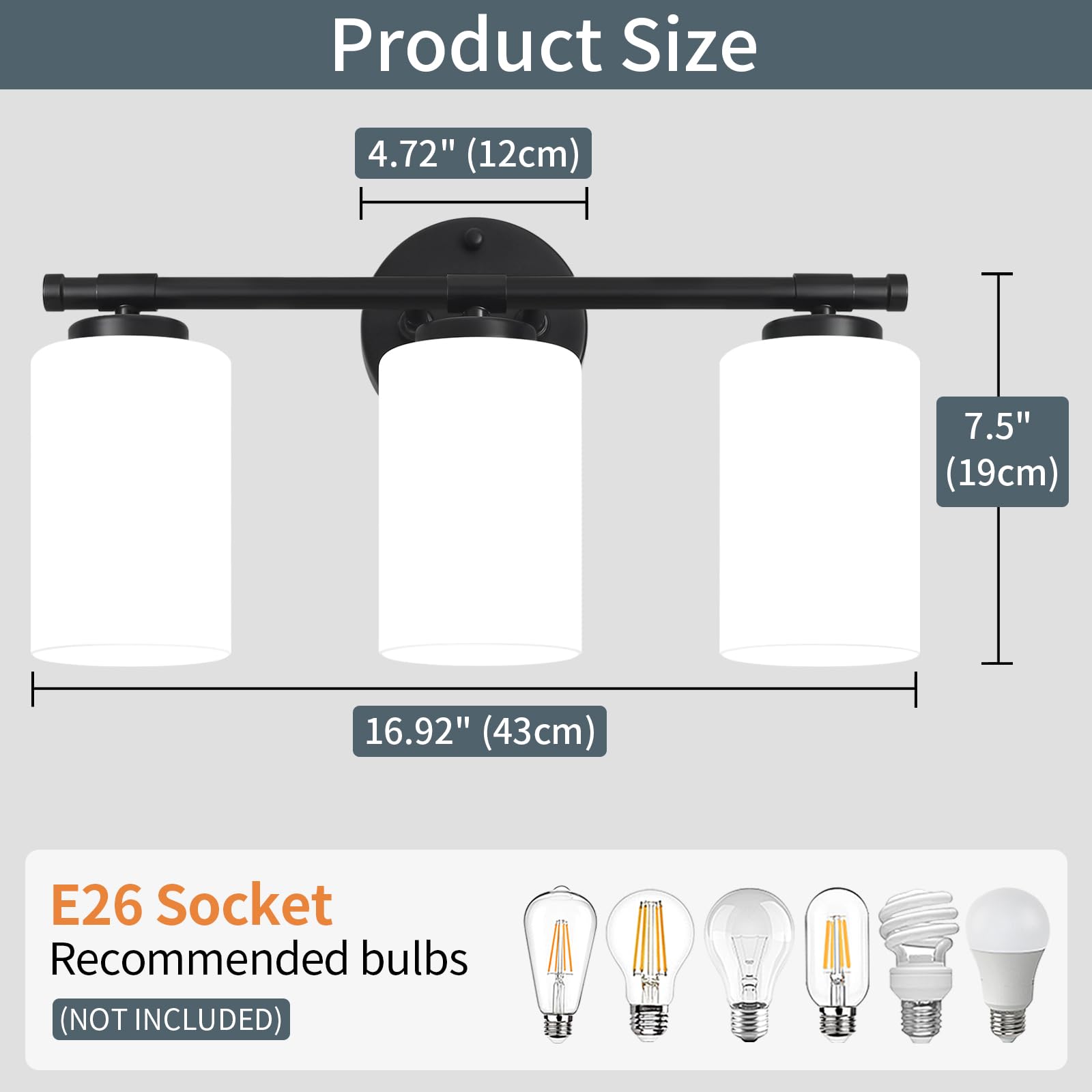 GZBEINI Black Bathroom Vanity Fixture,Farmhouse Bathroom Light FixturesOver Mirror,3 Light Modern Bathroom Lighting,Bathroom Vanity Light Fixtures Above Mirror with Milk White Glass Shade