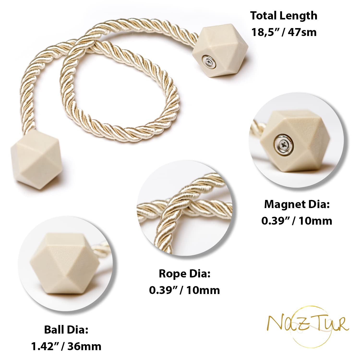 NazTur Magnetic Curtain Tiebacks- Upgrade 2022 with a Thicker Twist Rope and Strong Magnet Tieback Window Treatment Holdbacks Draperies Holders Decorative Drape Handmade Curtain Tie Back (Beige, 2)