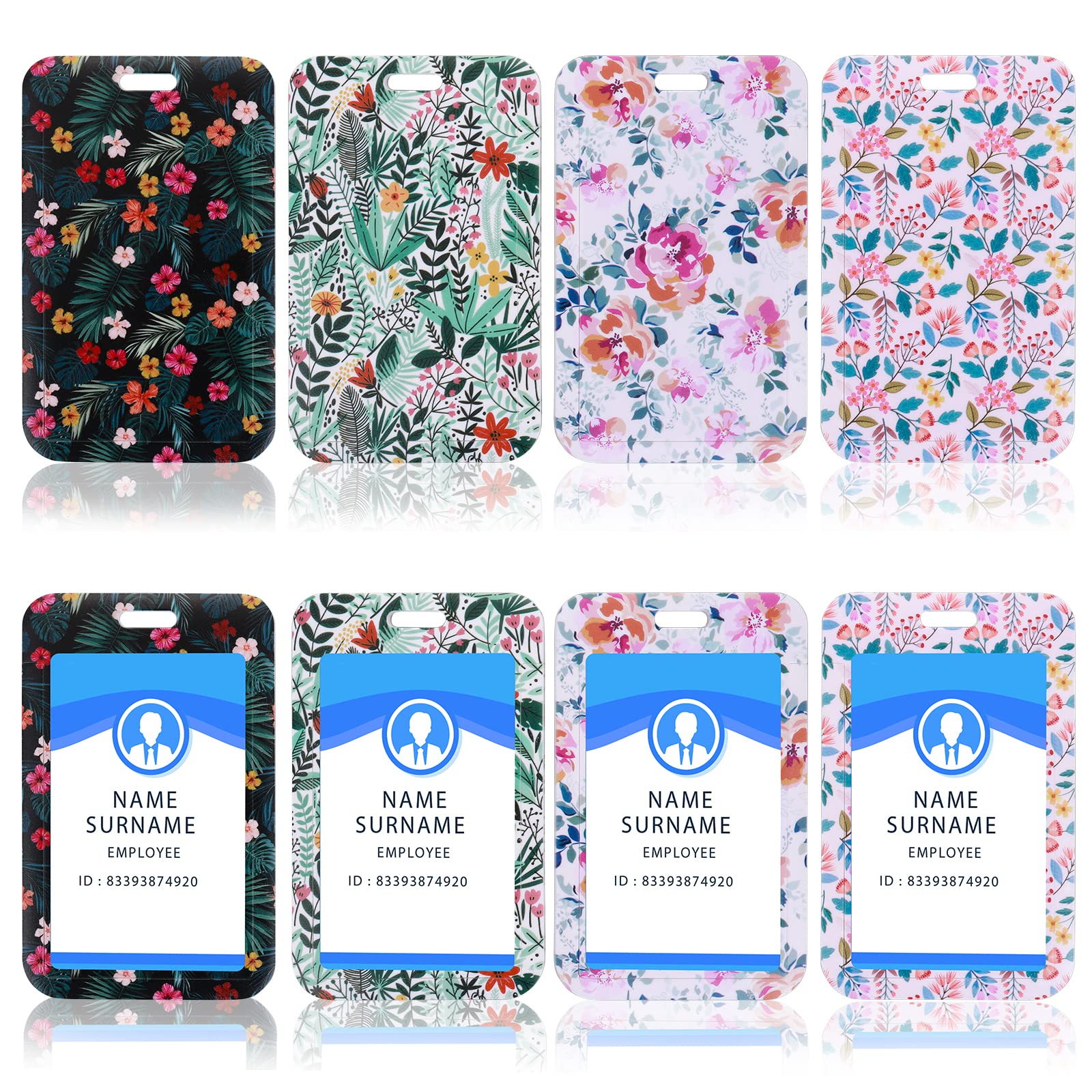 cobee Hard Plastic ID Badge Holder, 4PCS ID Credit Card Holder Heavy Duty Badge Holder Vertical Card Protector Colorful Card Case for Women Work Nurse Teacher (flowers)
